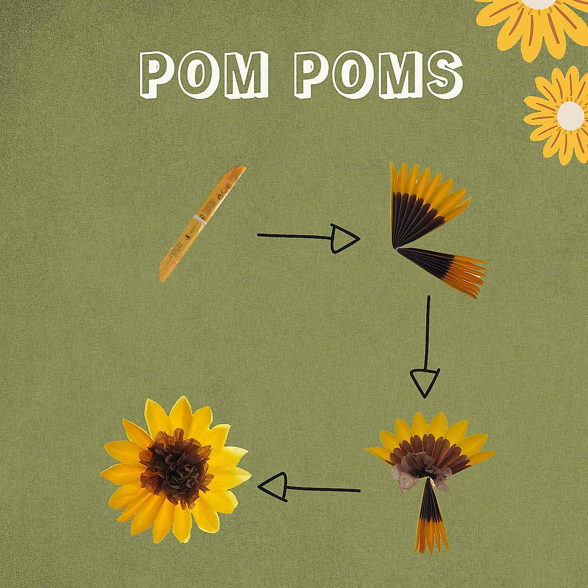 12Pcs Sunflower Daisy Tissue Paper Pom Poms Flower 12" 8" for Yellow Brown White Themed Birthday Party Sunshine Baby Shower Bridal Country Wedding Party iwlorys