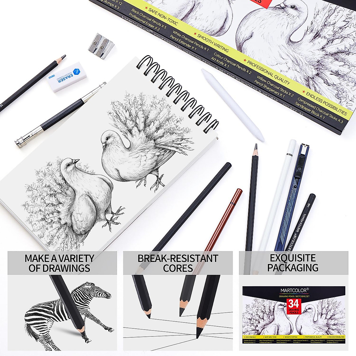 MARTCOLOR Drawing Sketching Pencils Set, 34 Pieces Pro Art Pencil Kit - Graphite Pencils (14B-4H), Charcoal Pencils, Charcoal Sticks, Artist Pencils for Beginners & Pro Artists