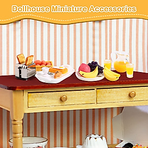 44 Pieces 1:12 Dollhouse Miniature Breakfast Kitchen Accessories Mini Toast Machine Bread Juice Milk Eggs Cups Fruits Plates Knife Fork Spoons for Dollhouse Kitchen Scene and Cake Topper Decor