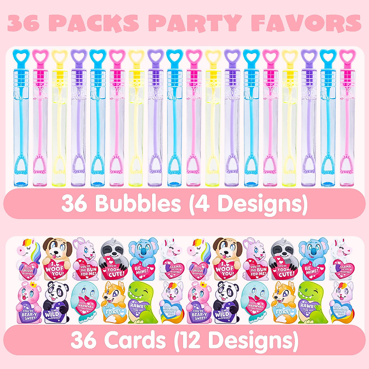 JOYIN 36 Packs Valentine's Day Gift Cards with Mini Bubble Maker Wands for for Kids Valentine Party Favor Toys, Valentine's Classroom Exchange, Game Prizes