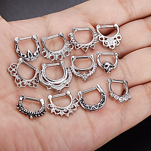 FINREZIO 12 PCS 14G Stainless Steel Nose Rings Hoop Cartilage Earrings Septum Clicker Bull Rings CZ Body Piercing Jewelry (Gauge: 14G=1.6MM)