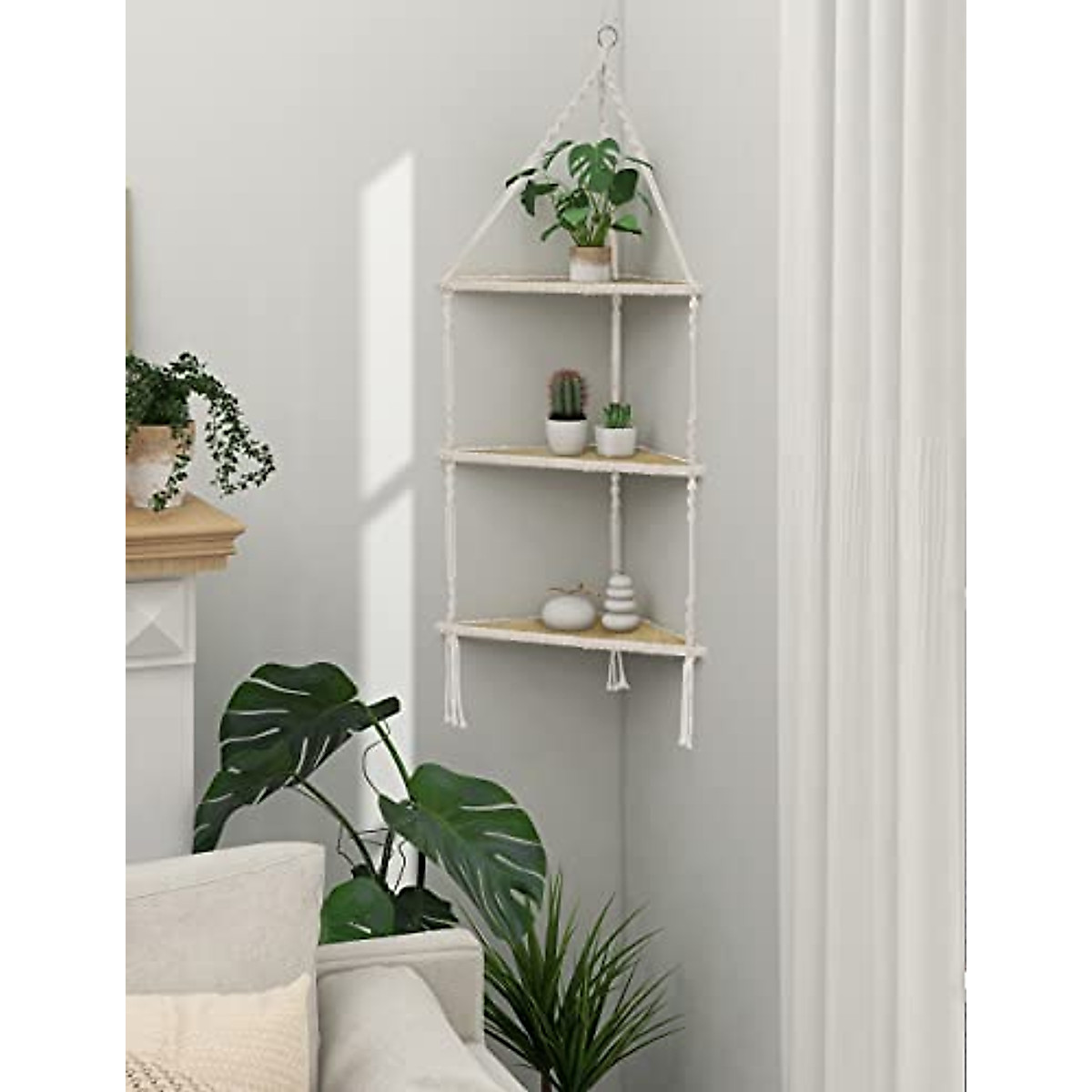Mazjoaru Macrame Corner Shelves 3 Tier, Boho Handmade Woven White Rope Beige Hanging Floating Shelf Decor Display Storage Organizer for Bedroom Bathroom Office Living Room