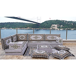 Gray L Shaped Arabic Sofa Set, Floor Couch, Sectional Sofas, Arabic Majlis, Turkish Rug, Couch Covers for 3, Sofa Bed, Poufs (L Sofa + Rug + Poufs)