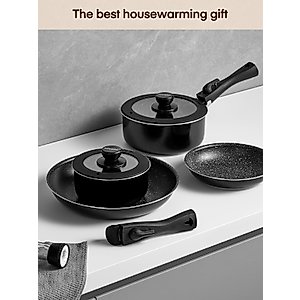 FOHERE 8pcs Pots and Pans Set with 2 Detachable Handles, Aluminum Nonstick Cookware Set, Induction Pan Set, RV Cookware Set, Oven Safe, Stackable