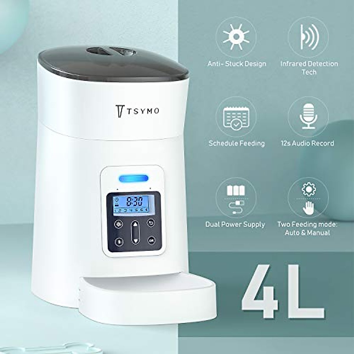 TSYMO Automatic Cat Feeder - 1-6 Meals Auto Dog Food Dispenser with Anti-Clog Design, Timer Programmable, Voice Recording & Portion Control for Small & Medium Pets (4 L White)