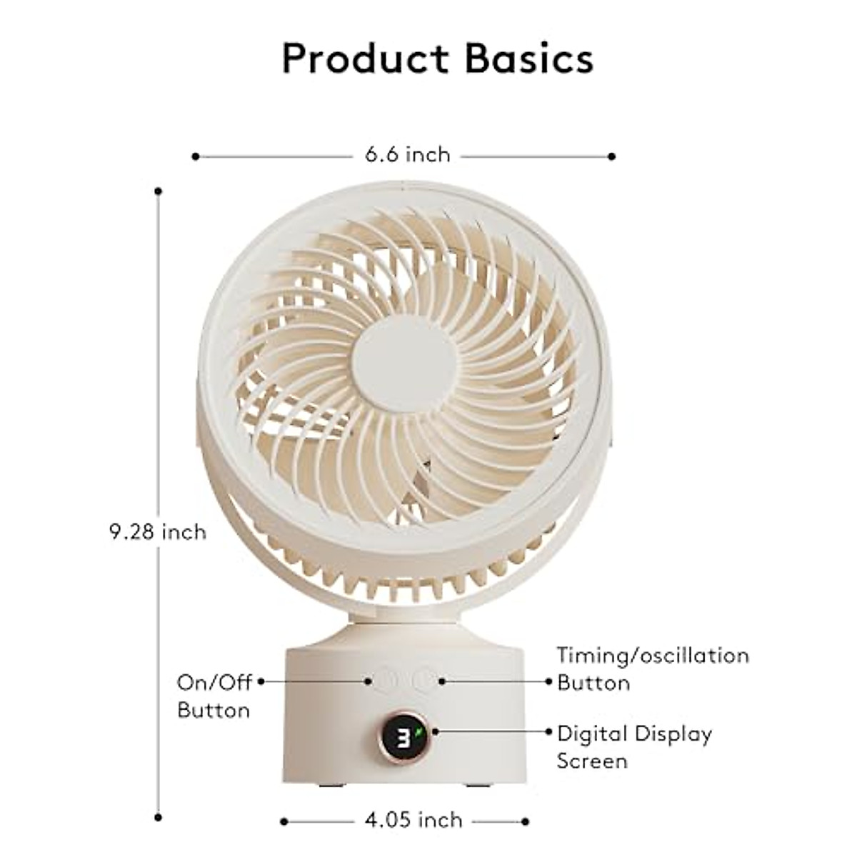 CARONSORT Desk Fan, Small Oscillating Fan for Bedroom, 9 Inch Table Fans Quiet,Desk Air Circulator Fan with 3 Speeds, 4H Time, Rechargeable Fan for Office/Dorm/Room-Beige