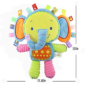 StoHua Baby Tags Toy, Taggie Security Blanket Elephant Stuffed Toy, Baby Plush Sensory Tag Toy with Ribbons & Rattle,Baby Gifts for Newborns,Infant