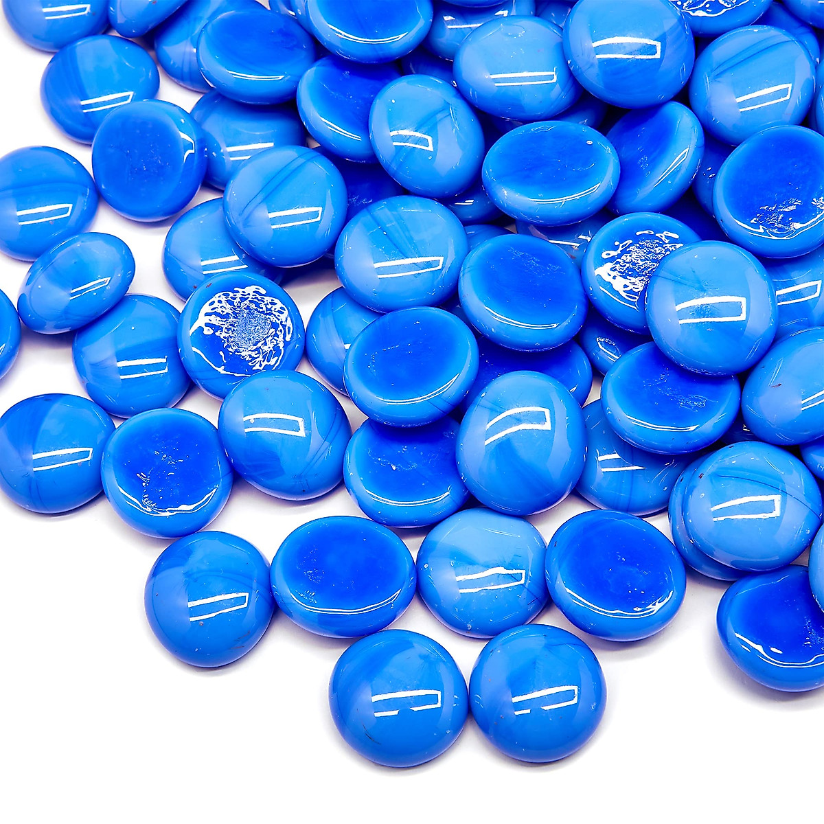 TWINKLING High Luster Round Fire Pit Glass Stones,Glass Marbles,Glass Pebbles,Glass Beads Gems Chips for Fire Pit Vase Fillers Crafts Aquarium Garden Decoration,17-19mm,1-Pound Jar (Blue Porcelain)