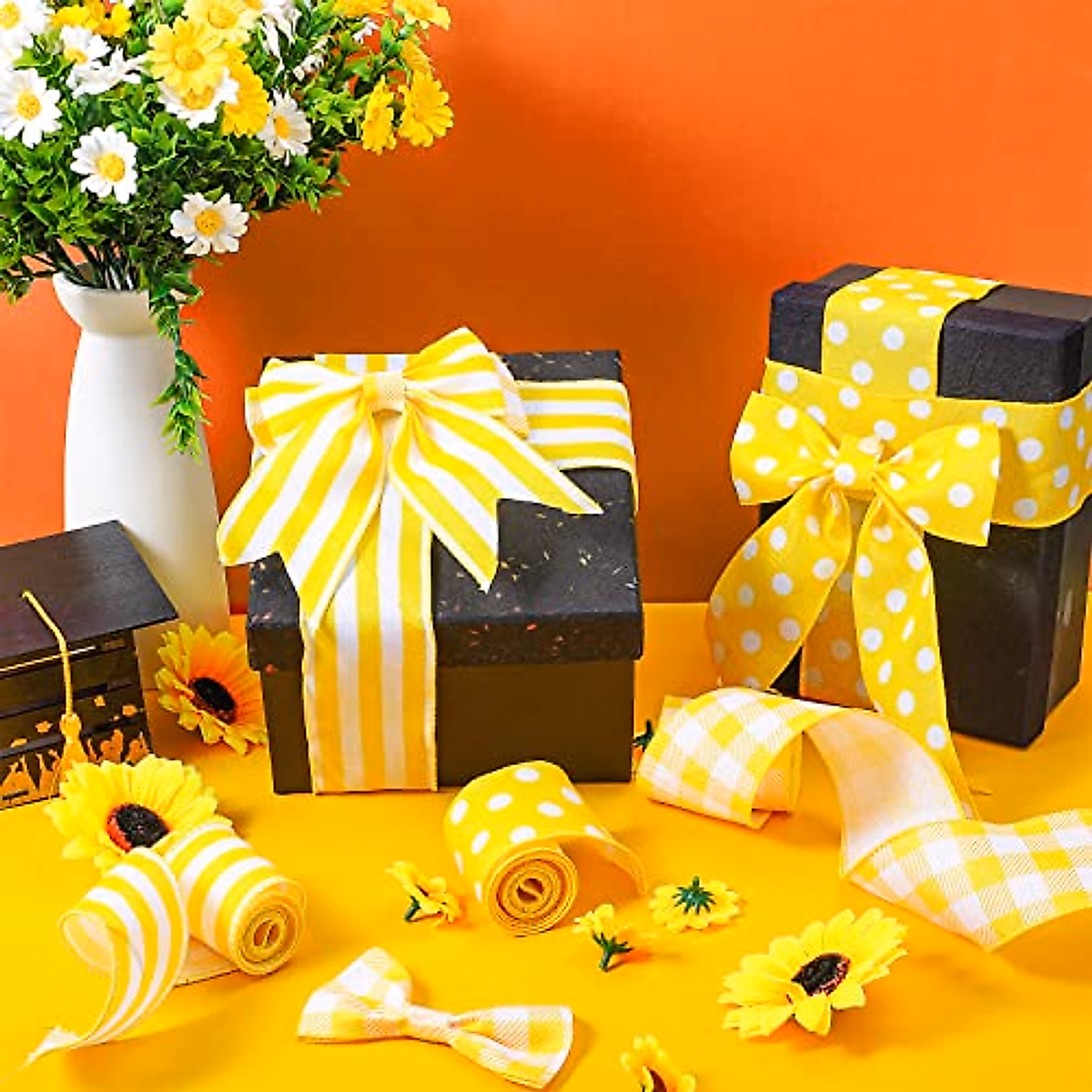 3 Rolls/ 15 Yards Yellow Burlap Wired Ribbons 2.5 Inch Plaid Wrapping Ribbons Bow Craft Ribbon Striped Dot Pattern Ribbons for DIY Crafts Bee Lemon Theme Party Summer Home Wreath Decoration