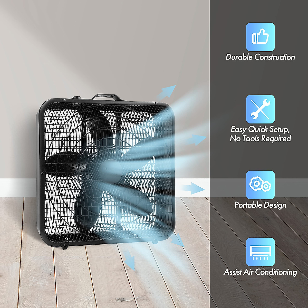 Comfort Zone Box Fan with Carry Handle, 20 inch, 3 Speed Full-Force Air Circulation with Air Conditioner, Floor Fan, Bedroom Fan, Airflow 15.03 ft/sec, Ideal for Home, Bedroom & Office, CZ200ABK