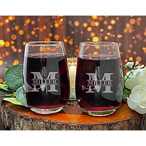 Set of 2 Customizable Monogram 15 oz Etched Stemless Wine Glass Engraved Personalized with Initial and Name