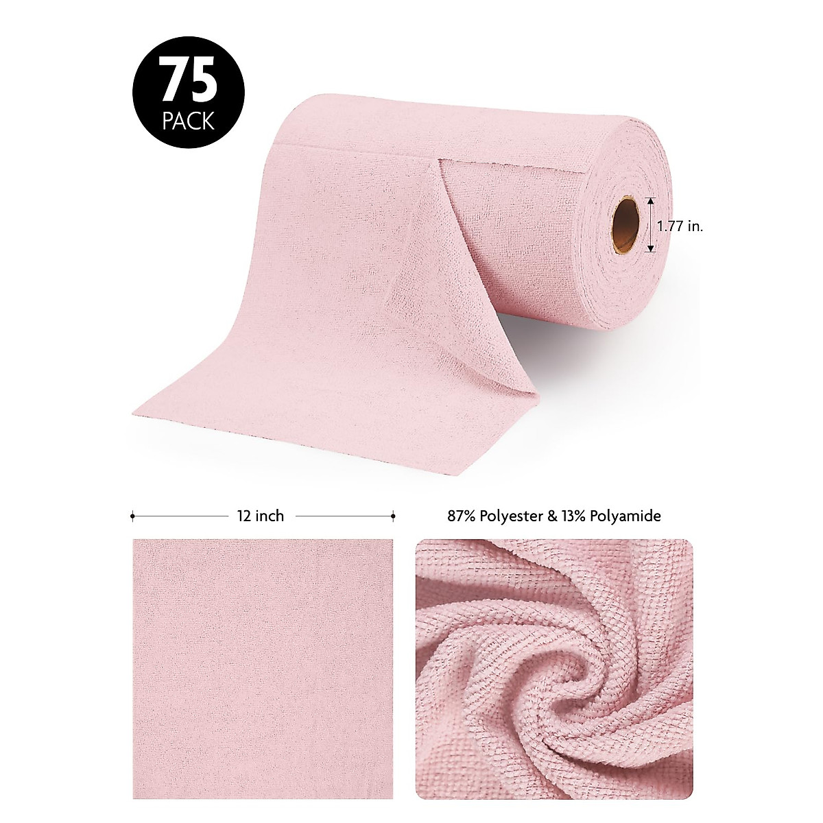 Fantasticlean Microfiber Cleaning Cloth Roll -75 Pack, 12x12", Tear Away Towels, Reusable Washable Rags (Pink)