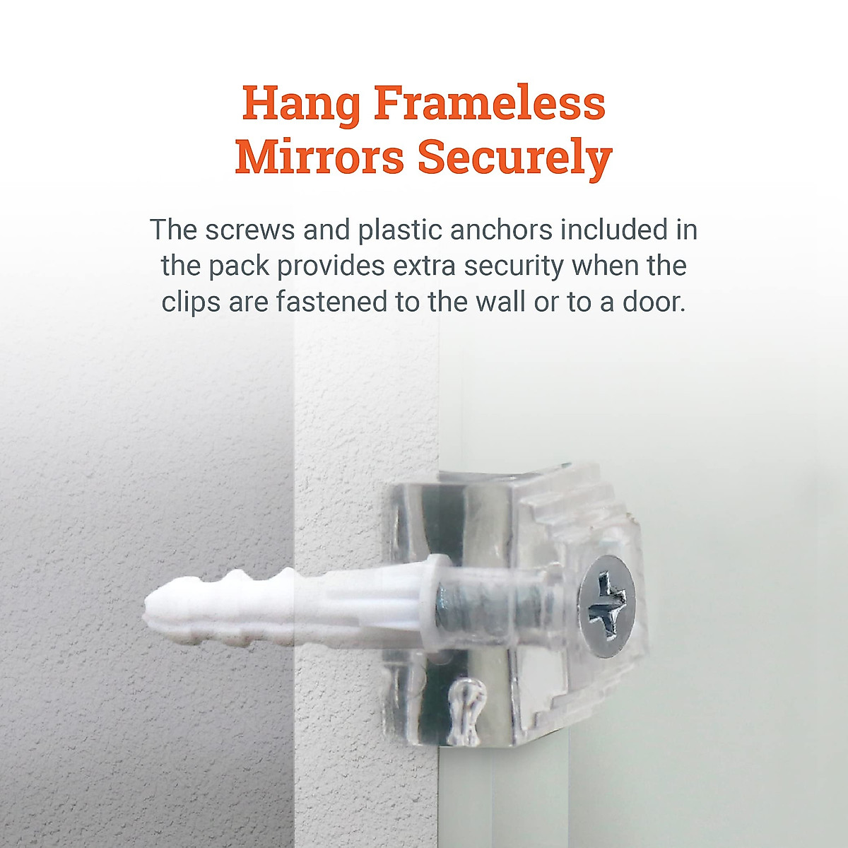 Clear Mirror Clips for Frameless Mirrors - Holds 1/4" Thick Glass - Pack of 20 Includes Anchors and Screws Kit