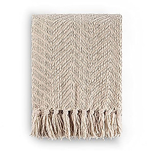 BATTILO HOME Beige Throw Blanket for Couch, Textured Knitted Boho Throw Blanket with Tassels, Couch Cover Blanket Warm Decorative Tan Throw Blanket for Sofa Living Room, 50" x 60"