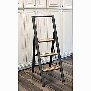 Step Ladder 3 Step Folding, Decorative - Beautiful Bamboo & Black Aluminum, Ultra Slim Profile, Anti Slip Steps, Sturdy-Portable for Home, Office, Kitchen, Photography Use,by SORFEY