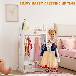 GTOLV Kids Dress Up Storage with Mirror, Kids Armoire with Non-Woven Drawers, Open Costume Closet with Hanging Rack for Toddlers (White)