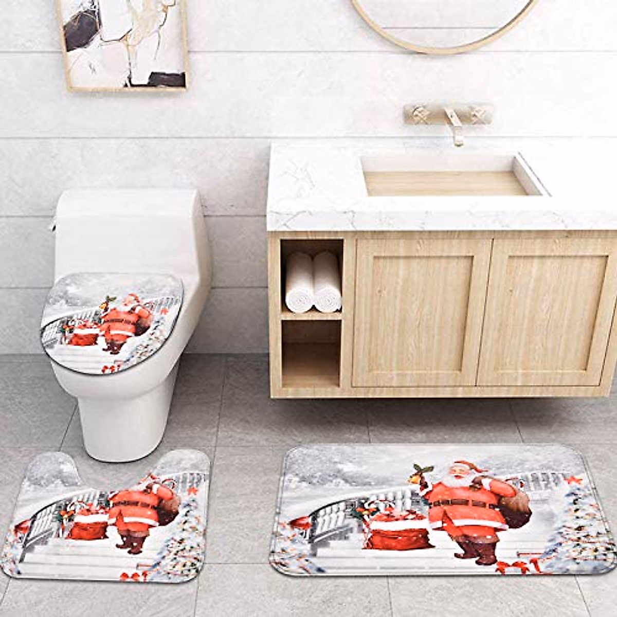 4 Pcs Merry Christmas Shower Curtain Sets with Non-Slip Bathroom Rugs, Toilet Lid Cover and Bath Mat, Santa Claus Shower Curtain with 12 Hooks, Christmas Bathroom Sets with Shower Curtain and Rugs