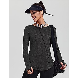 PINSPARK Long Sleeve Workout Tops for Women Yoga Shirts Moisture Wicking Gym Top Athletic Clothes with Thumbholes Black L