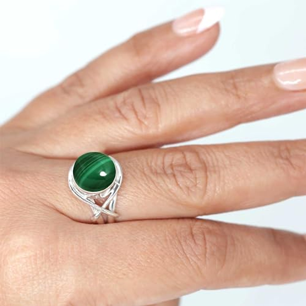 JEWELOPORIUM 925 Silver Ring for Women Green Genuine Malachite Stone Boho Silver Ring Size 8.5 Thanksgiving Gift Statement Jewelry