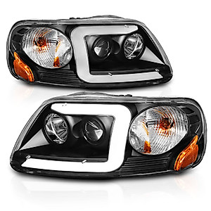 AmeriLite for 1997-2003 Ford F150 97-2002 Expedition Pickup Truck LED Tube Black Projector Replacement Headlights Set - Driver and Passenger Side