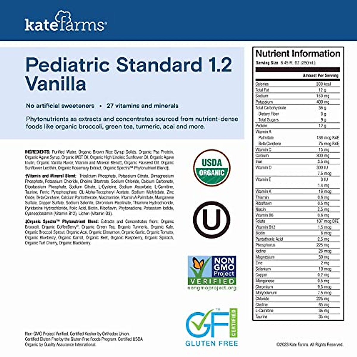 Kate Farms Pediatric Standard 1.2 Formula, Sole Source Nutrition, Nutritional Supplement Drinks, Feeding Tube Meals, Protein Shakes for Kids (Vanilla 1.2 cal/mL, Case of 12)