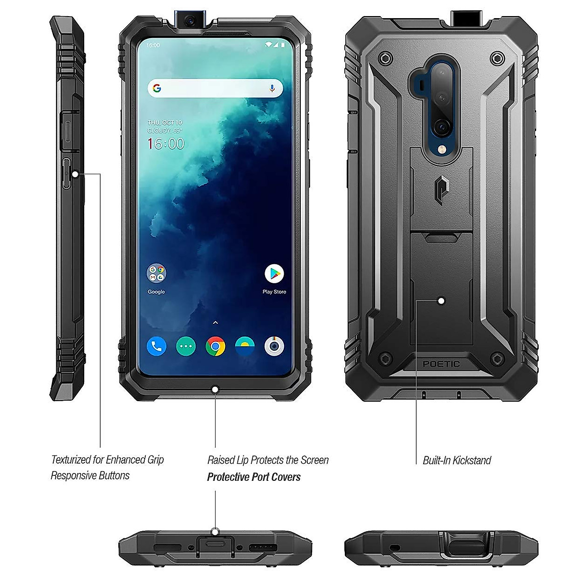 Poetic Revolution Case for OnePlus 7, [20FT Mil-Grade Drop Tested], Full-Body Rugged Dual-Layer Shockproof Protective Cover with Kickstand and Built-in-Screen Protector, Black