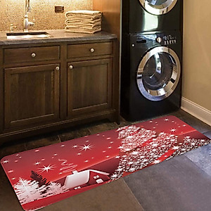 Kitchen Rug Sets 2 Piece Non-Slip Kitchen Mats and Rug Red Merry Christmas Tree Bright Country Winter Farmhouse Decorative Area Runner Rubber Backing Carpets Floor Doormat