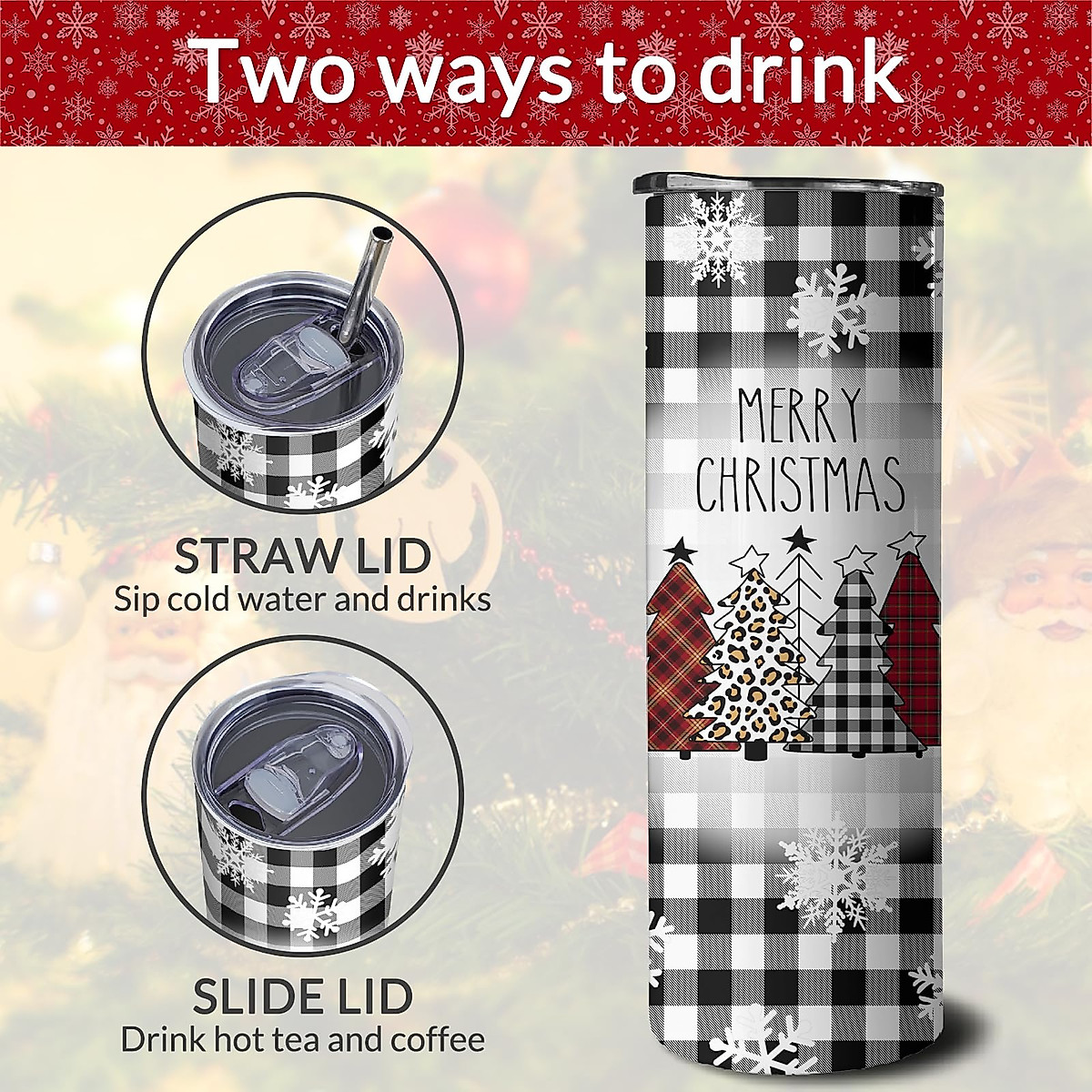 20 oz Christmas Skinny Tumblers with Lid and Straw, Buffalo Christmas Tree Stainless Steel Vacuum Insulated Travel Coffee Mug Cup Water Bottle, Christmas Decor Stuff Accessories Gifts for Women