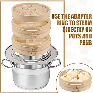2 Tier Bamboo Steamer Basket Set Including Stainless Steel Steamer Ring Dumpling Maker Mold and Cutter Meat Spoon 2 Pairs Bamboo Chopsticks 2 Pcs Sauce Dish 50 Pcs Paper Liners for Kitchen (10 Inch)