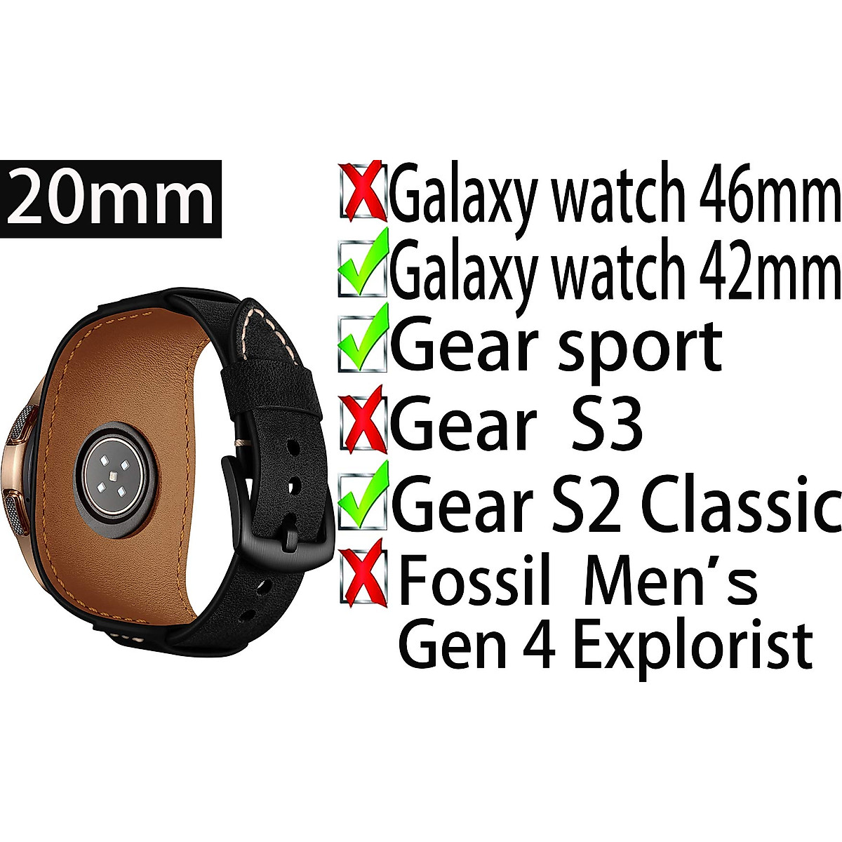 Balerion Cuff Genuine Leather Watch band,Compatible with Samsung Galaxy Watch 6/5/ 4,Galaxy watch3 41mm,Galaxy watch 42mm,Gear Sport and other standard 20mm band width watch,Black