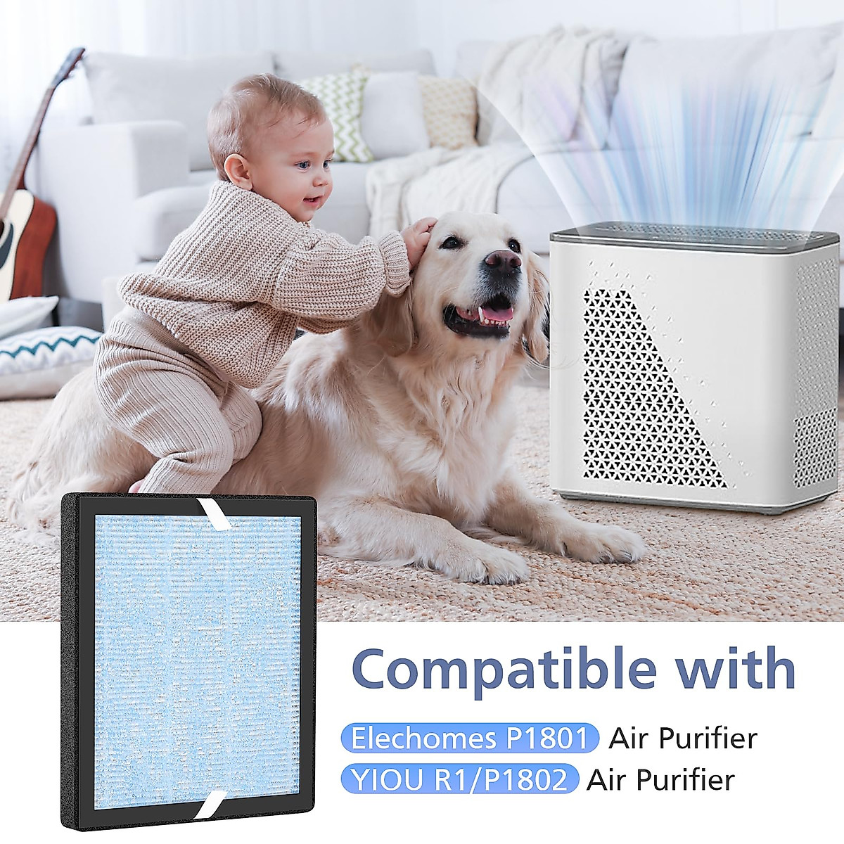 R1 P1801 P1802 Filter Compatible with YIOU R1 Air Puri-fier and Elechomes P1801/P1802, 3-in-1 True HEPA for yiou r1 filter