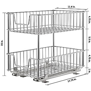 TRINITY 2-Tier Sliding Undercabinet Organizer with 2 Baskets for Kitchen and Bathroom Cabinet Organization and Storage, 50 Pound Capacity, 11.5” W x 17.75” D x 15.8” H