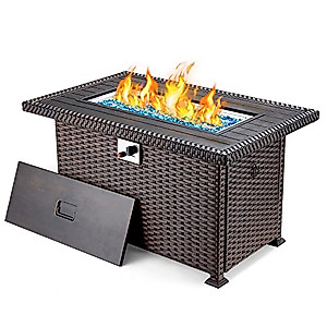 Vicluke 44in Porpane Fire Pit Table, Gas Fire Table for Outside with CSA Certification, 50,000 BTU Auto-Ignition Aluminum Propane Fire Pit with Lid, Cover, Glass Beads（Brown）