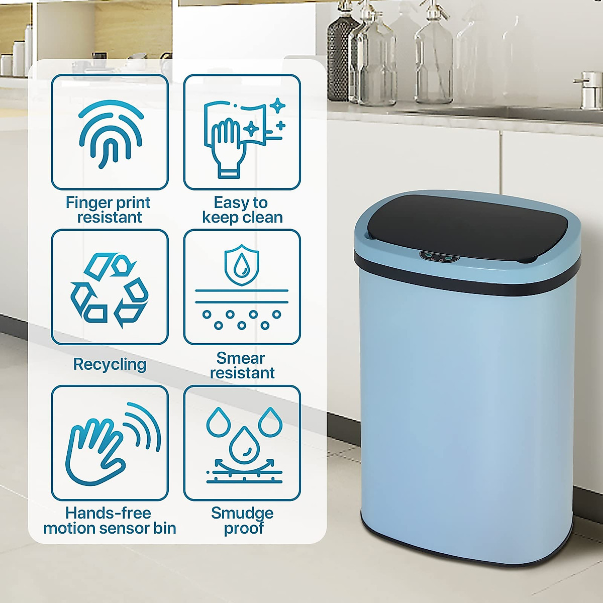 Dkeli Kitchen Trash Can for Bathroom Bedroom Home Office Automatic Touch Free High-Capacity Garbage Can with Lid Brushed Stainless Steel Waste Bin 13 Gallon / 50L - Blue