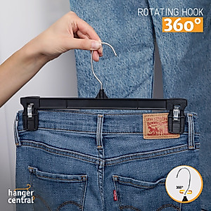 Hanger Central Space Saving 30 Pack, Heavy Duty Slim Plastic Pants Hangers, Ridged Non-Slip with Pinch Clips, 360-Rotating Chrome Swivel Hook, in Black, 10/12/14 Inch (12")