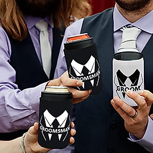 LADY&HOME Set of 7 Groom and Groomsman Can Coolers, Can Sleeve Favors for Bachelor Party and Wedding Party (Squiggles)