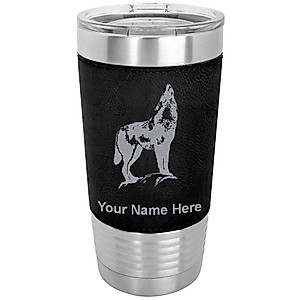 LaserGram 20oz Vacuum Insulated Tumbler Mug, Howling Wolf, Personalized Engraving Included (Faux Leather, Black)