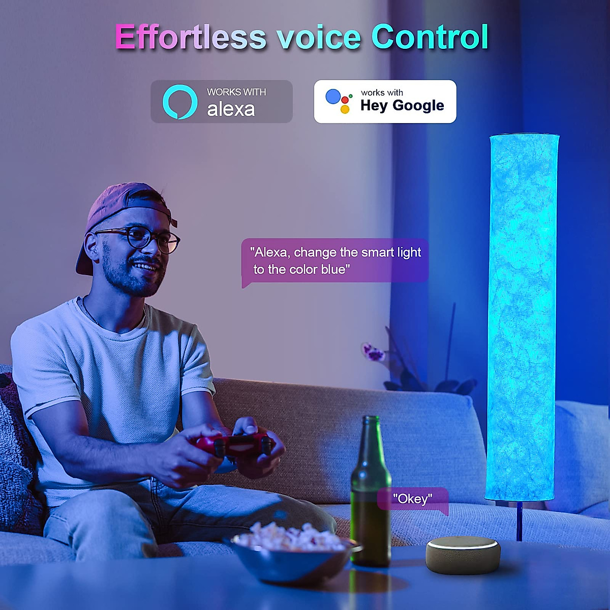 LONRISWAY RGB Color Changing Led Floor Lamp, Smart Lamp with Alexa Voice Control, Remote & WiFi APP Control, Music Sync and White Fabric Shade, Standing Lamp for Living Room Bedroom Game Room