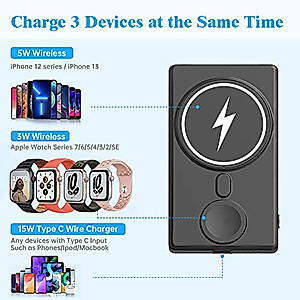 PEAPOLET Magnetic Wireless Power Bank,3 in 1 Slim 5000mAh Wireless Portable Charger Mag-Safe Battery Pack Compatible with iPhone 14/13/12/Pro/Mini/Pro Max Apple Watch Series 8/7/6 (Black)