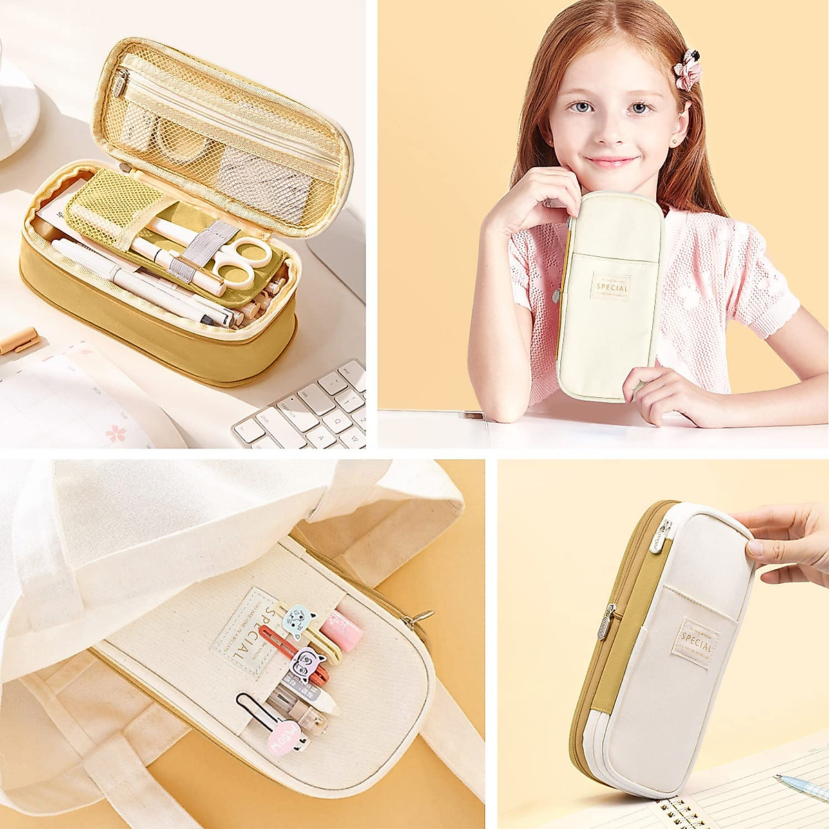 LHMTQVK Large Pencil Case Pencil Pouch Can Expand Pencil Bag Big Capacity Pencil Bag Large Storage Pouch Pencil Case Aesthetic Pencil Cases for Adults Cute Pencil Pouch (khaki beige)