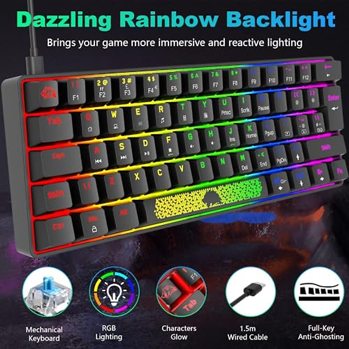 60% Compact Type c - Usb Wired Mechanical Keyboard UK, Blue Switch, RGB Backlit Rainbow LED, Anti-Ghosting, Media Keys, Laser carving, Ergonomic Aesthetic, for Computer PC Laptop PS4 XBOX - Black