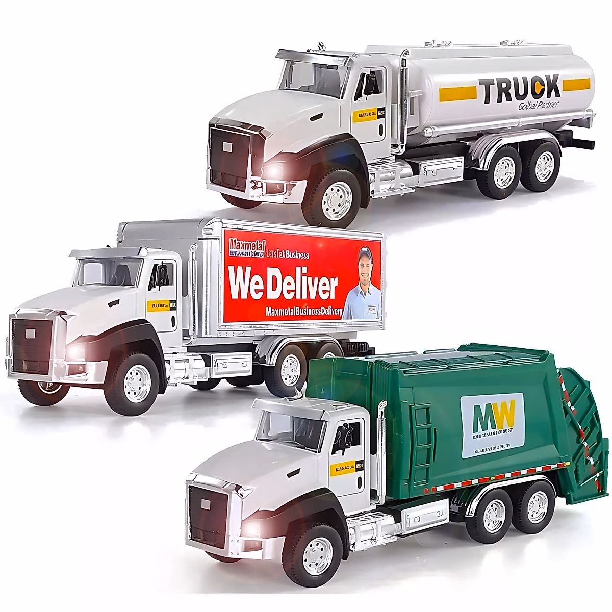 3 Pack City Diecast Semi Trucks Transport Set - Big Toy Garbage Truck, Oil Tanker, & Transport Vehicle Toy with Pull Back Action - 1/50 Scale Metal Collectible Model Alloy Car Vehicles