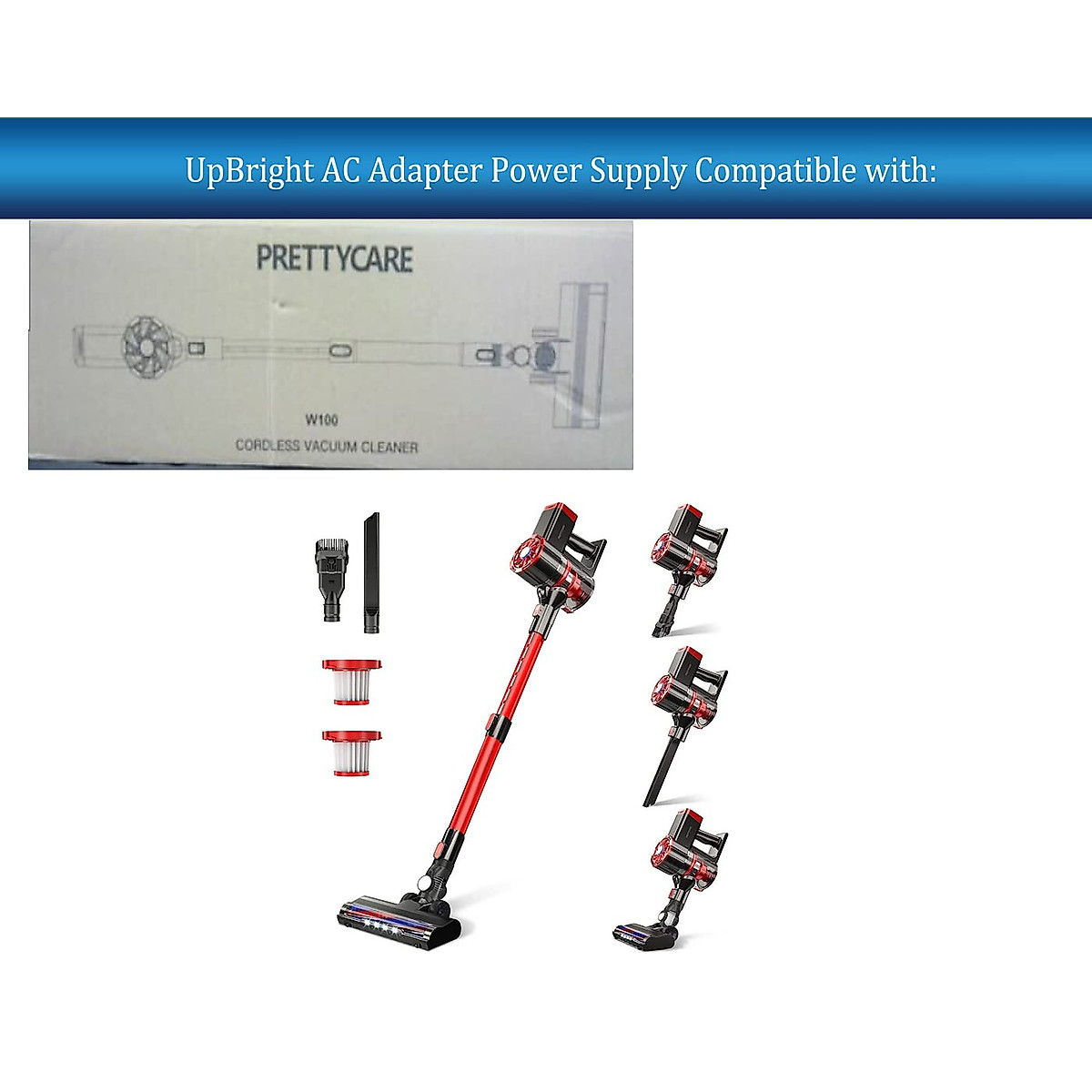 UpBright 27V AC/DC Adapter Compatible with PRETTYCARE W100 W300 X3 W400 W200 P1 Pro P3 P4 22.2V 2500mAh 2600mAh 22.2VDC Li-ion Battery Cordless Stick Vacuum Cleaner 27VDC 0.5A Power Supply Charger PSU