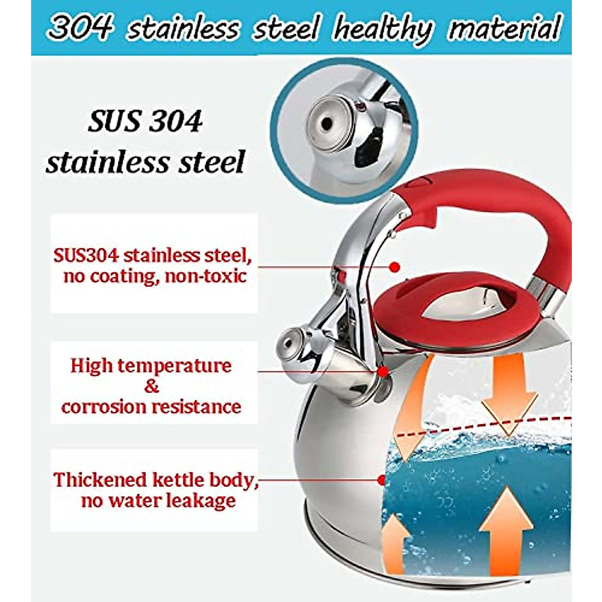 Stovetop Tea Kettle Whistling Teapot Tea Kettle Stainless Steel Whistling Kettle 3L Hot Water Boiler Kettle Kitchen Stovetop Hot Kettle Tea Kettle Teapot Stove Top Kettle Tea Pot ( Color : Red , Size