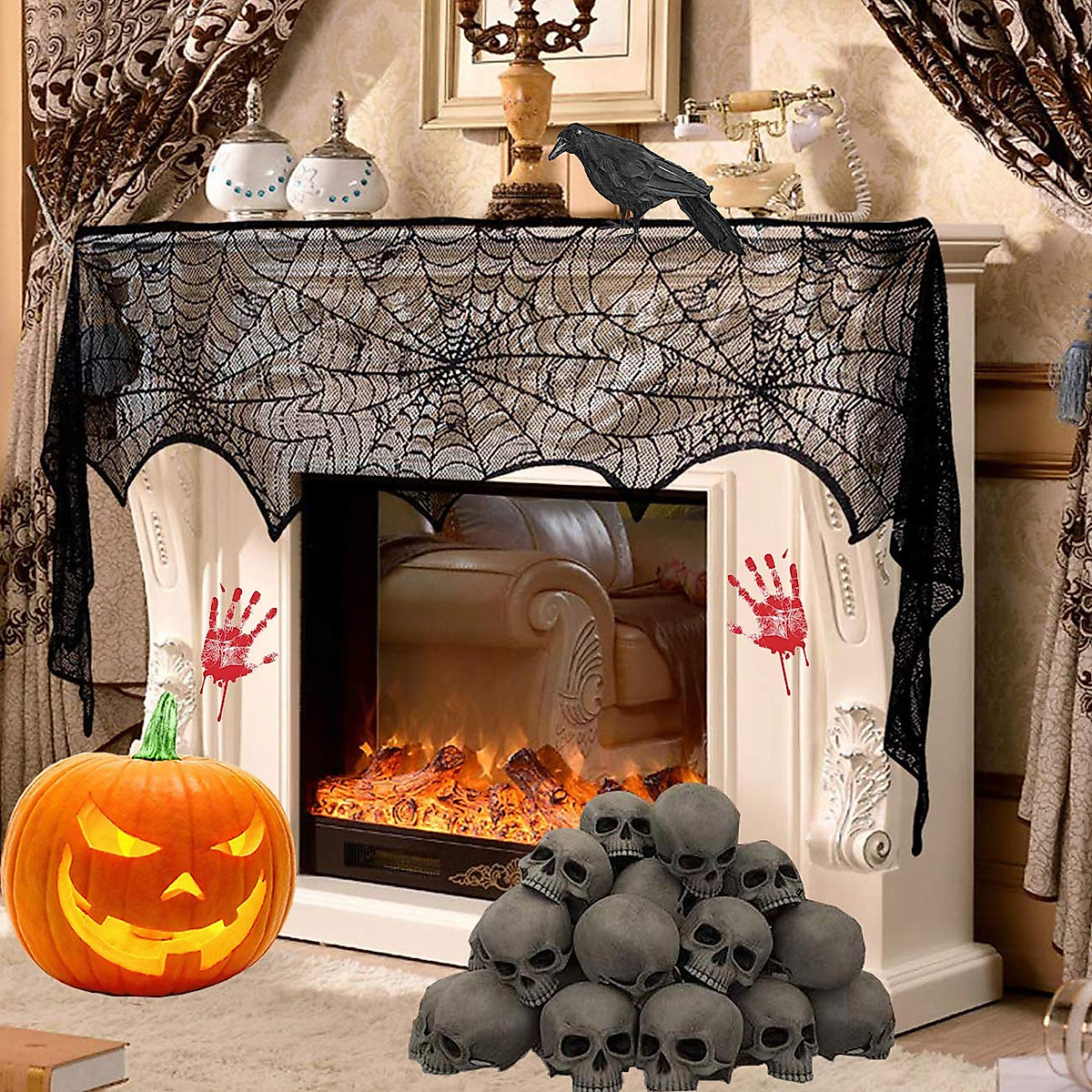 Sunnyglade Halloween 18"x96" Lace Spiderweb Fireplace Mantle Cover Fireplace Scarf & 54"x72" Rectangular Black Spider Web Lace Tablecloth, Festive Party Halloween Supplies
