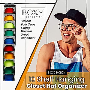 Boxy Concepts Hat Rack - 10 Shelf Hanging Closet Hat Organizer for Baseball Caps - Hat Storage to Protect Your Caps with this Hat Hanger - Easy Hat Holder & Baseball Hat Organizer