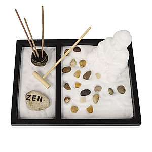 Japanese Mini Zen Garden with Incense Holder, and White Miniature Buddha Statue for Relaxation and Meditation, Perfect Home Desk Decor and Gift Set - 7" x 8.5" x 6.5"