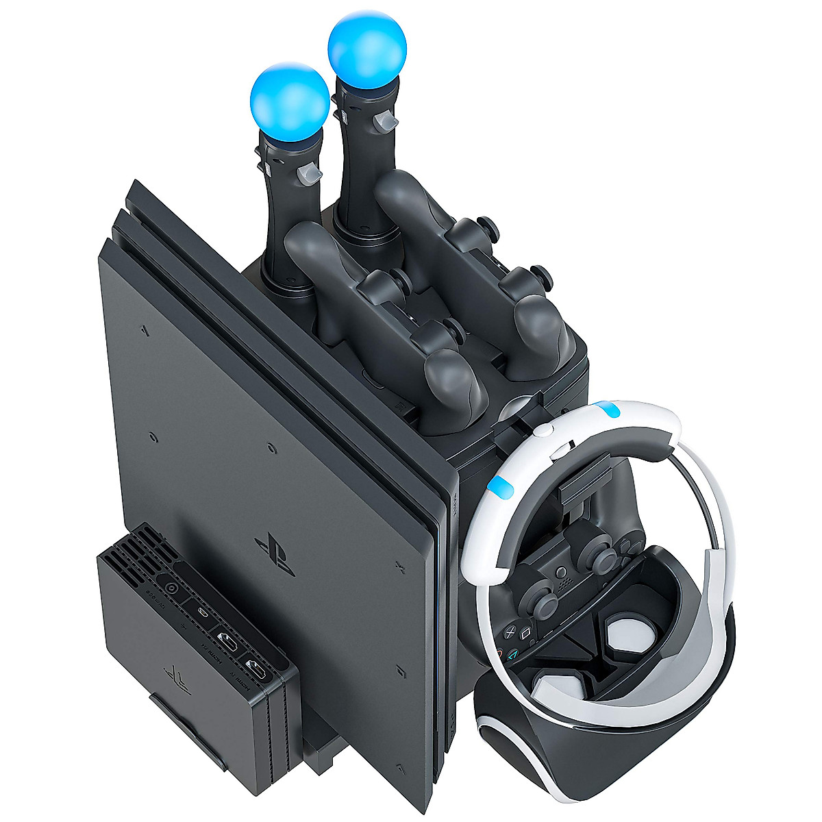 Skywin- Charging Station Compatible with PS4 VR Headset, PSVR Charging Station Stand with Game Disc Rack, Headset and Console Stand, Cooling Fan, Controller Charger and USB Hub - Multipurpose VR Stand