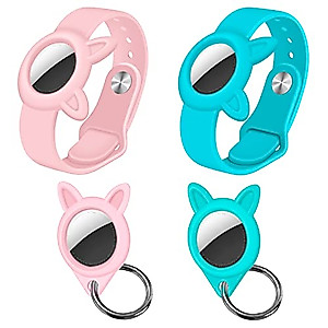 EVAHOM [2 Pack] Air Tag Wristbands + Silicone Cases Holder for Airtags 2021 Tracker, Airtag Watch Band Kids Elders and Protective Waterproof Cover with Keychain pet, RoyalBlue Pink Anti-Lost Sleeves