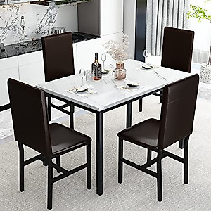 Lamerge Dining Table Set for 4,Faux Marble Table and 4 PU Leather Chairs,5 Pieces Kitchen Table and Chairs for 4,Modern Dining Room Table Sets for Small Spaces,Living Room, Breakfast Nook,White